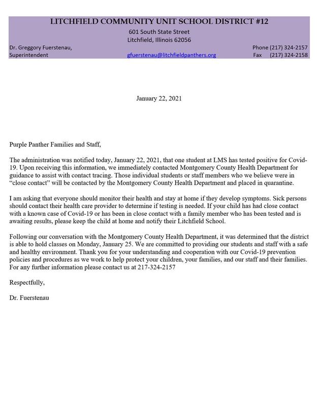 Notice Of Positive COVID Test Results For 1 22 21 Litchfield 